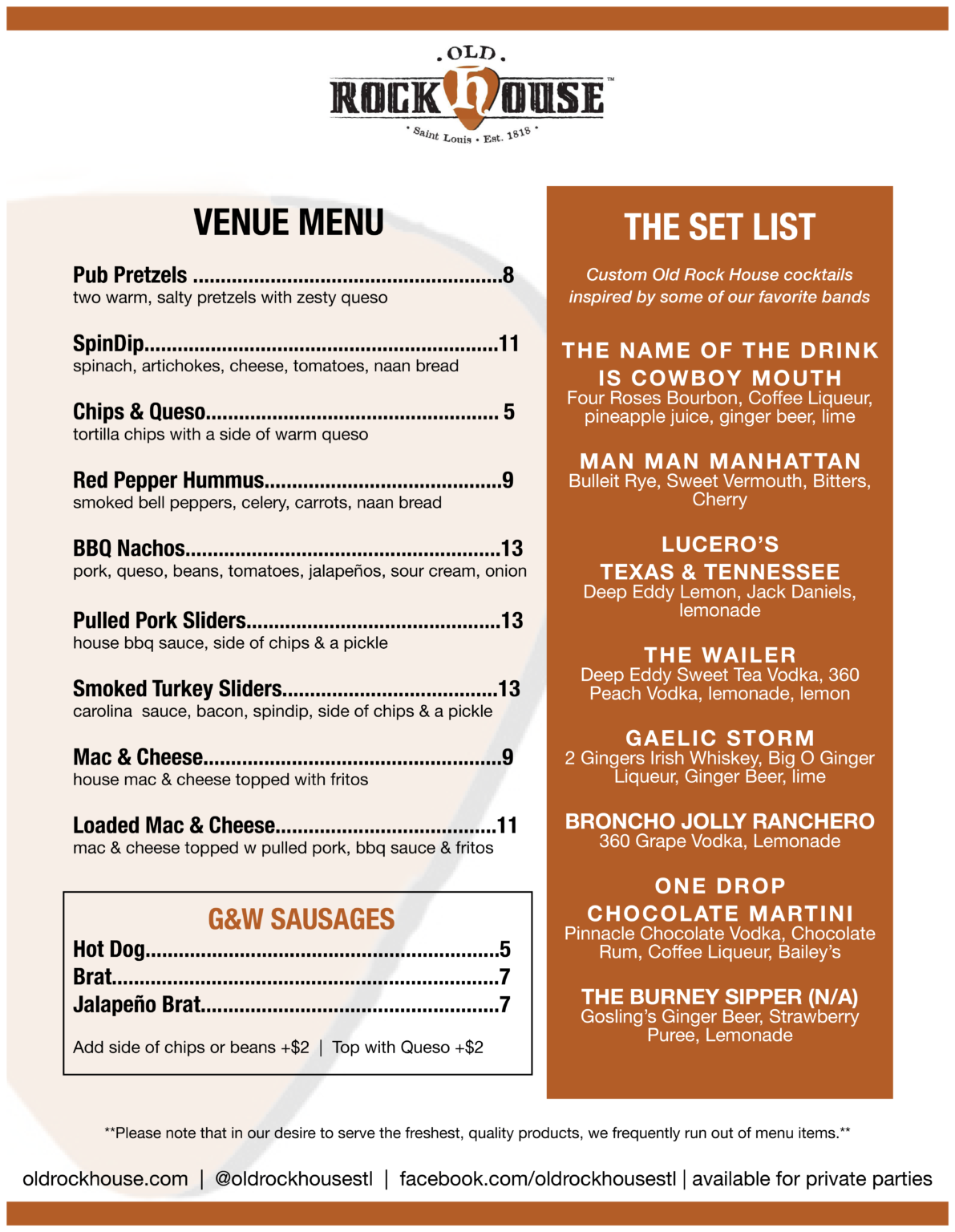 Food & Drink Menu | Old Rock House